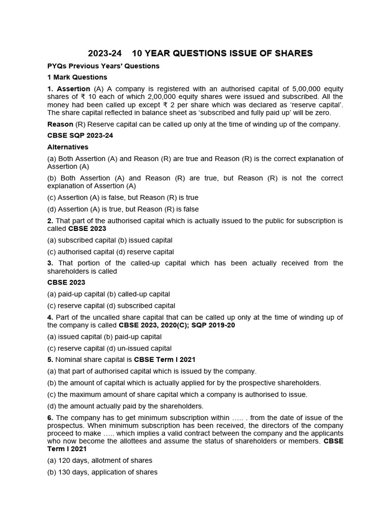 10 Year Questions Issue of Shares | PDF | Equity (Finance) | Debits And ...