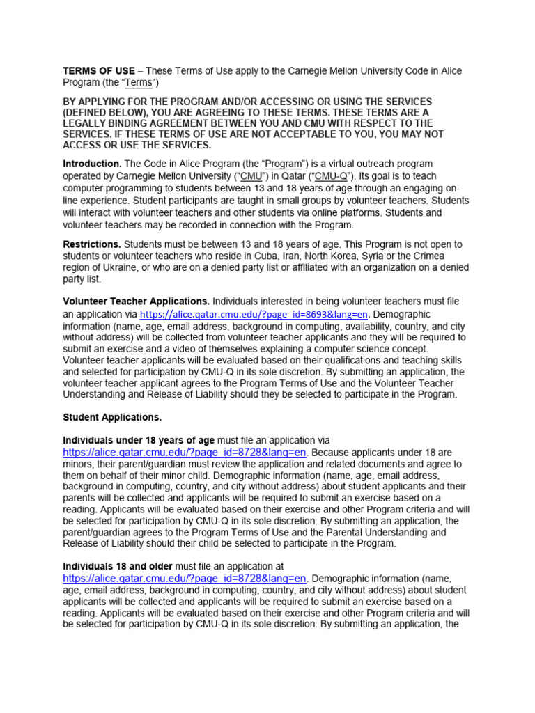 2022 Terms of Use - Program in Alice | PDF | Damages | Legal Liability