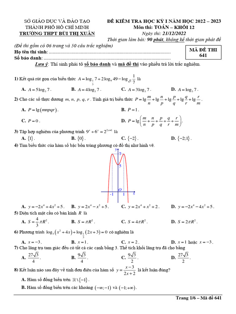 De Hoc Ky 1 Toan 12 Nam 2022 2023 Truong THPT Bui Thi Xuan TP HCM | PDF