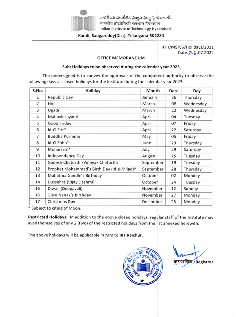 IIT Hyderabad Holiday List 2023 | PDF | Festival | Observances