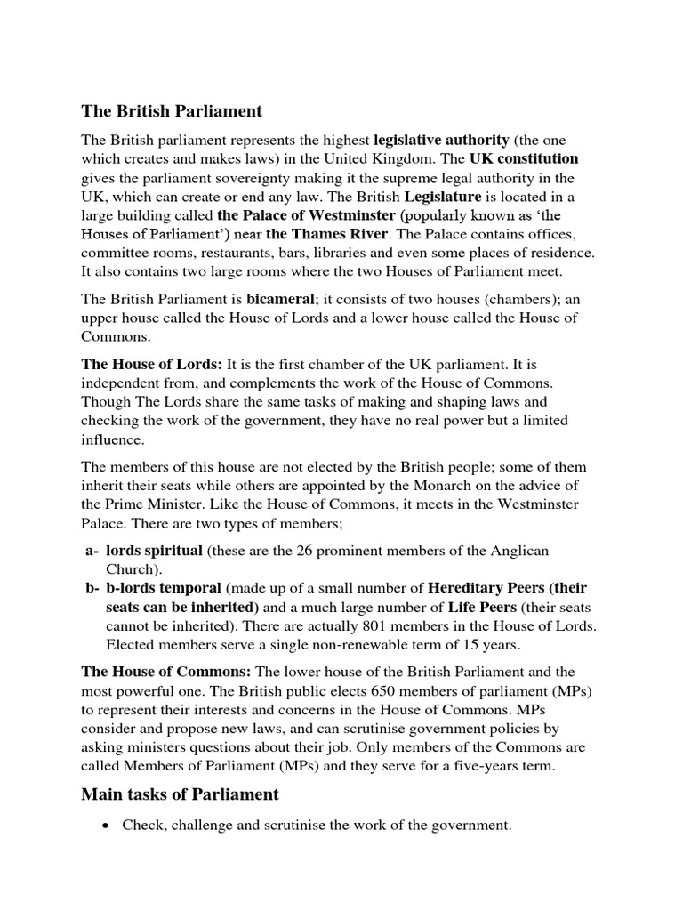 The British Parliament | PDF | Parliament Of The United Kingdom | House ...