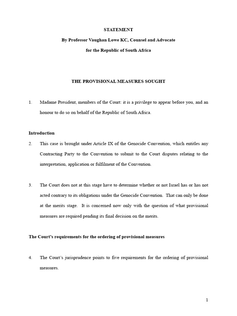 8 Lowe KC Statement Statement Provisional Measures Sought | PDF | Genocides | Hamas
