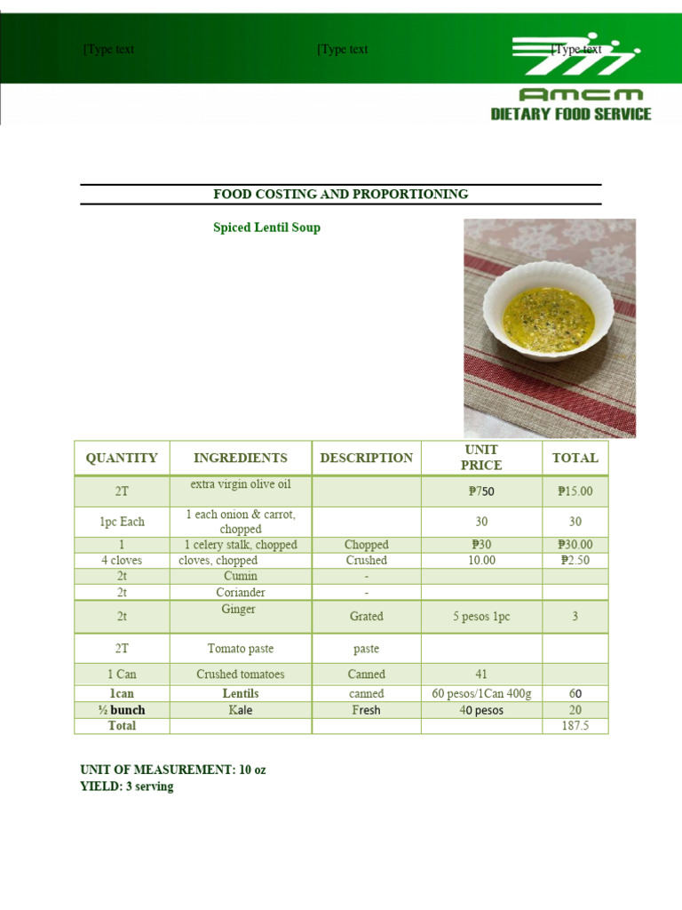 Food Costing and Proportioning | PDF | Garlic | Ginger