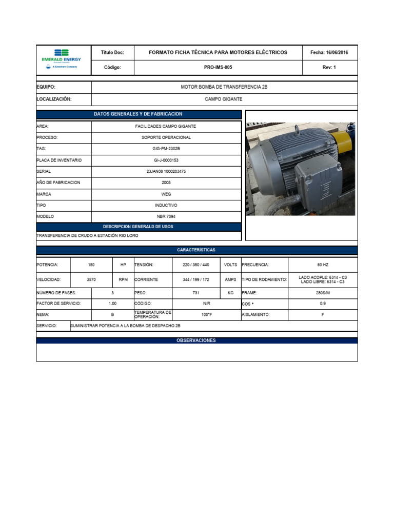 Hoja de Vida Unidad Bomba de Transferencia 2B | PDF | Rodamiento (Mecánico) | Bomba