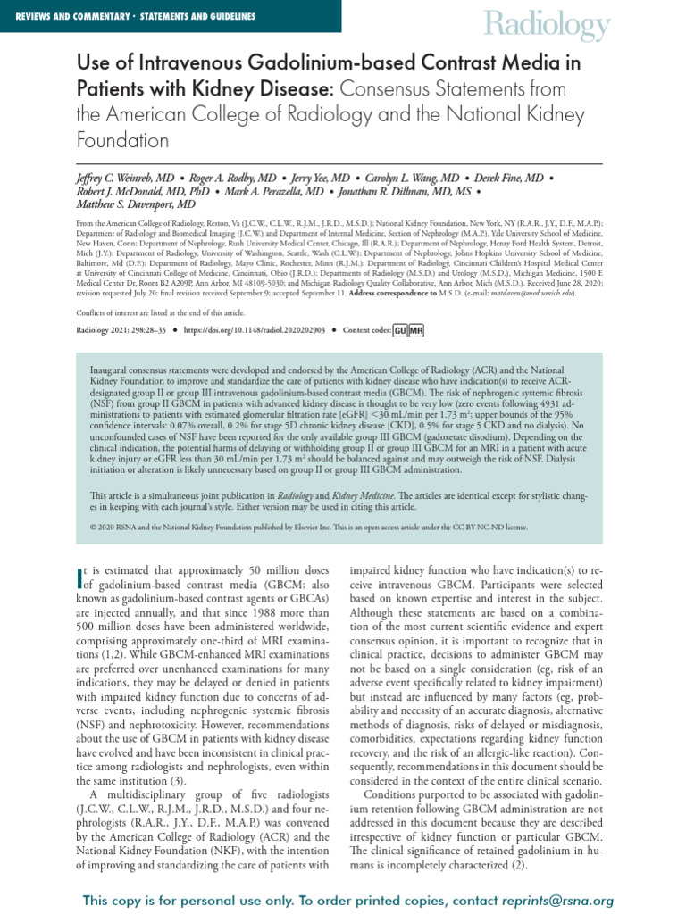 Weinreb Et Al 2020 Use of Intravenous Gadolinium Based Contrast Media ...