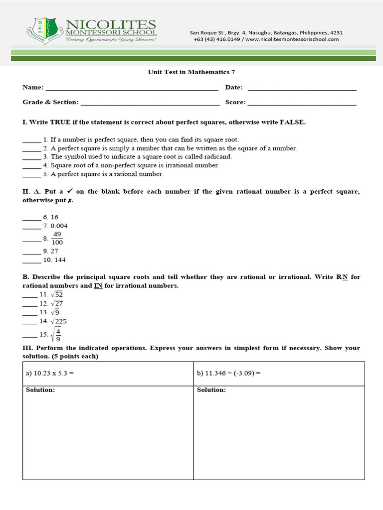 Unit Test Math 7 | PDF
