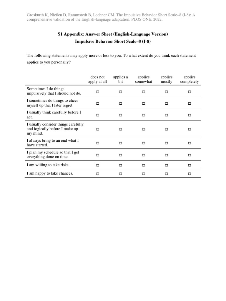 Impulsive Behavior Short Scale–8 Validation | PDF