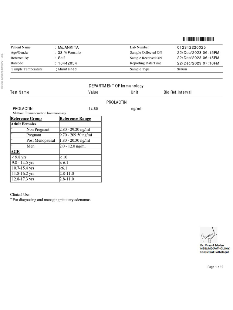 Labreportnew - 2024-01-02T125337.034 | PDF | Immunoassay | Laboratory Techniques