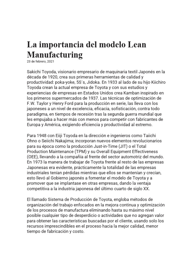 La Importancia Del Modelo Lean Manufacturing | PDF | Lean Manufacturing | Comercio