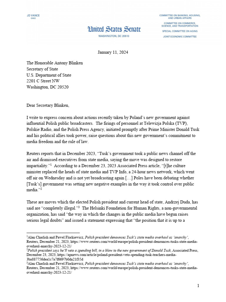 Vance Letter To Blinken On Poland Media Freedom | PDF | Poland | Government