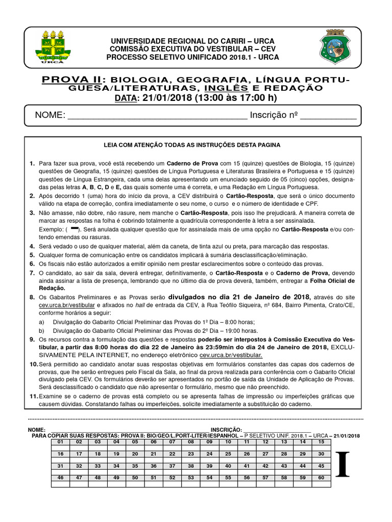 Prova URCA 2018.1: Biologia e Linguagens | PDF | Geografia | Célula ...
