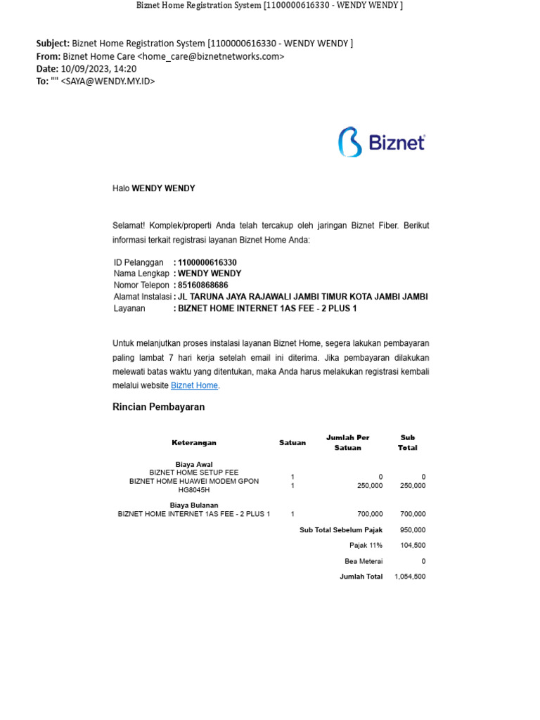 Biznet Home Registration System | PDF