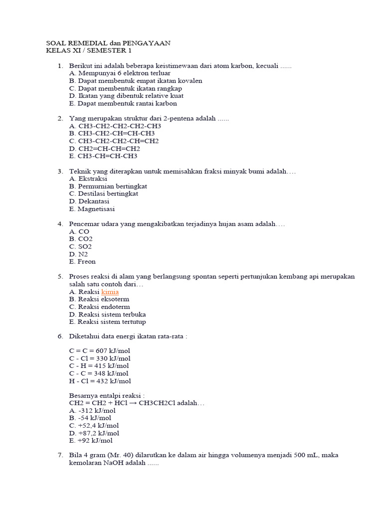 Soal Kimia Kelas XI Semester 1 | PDF