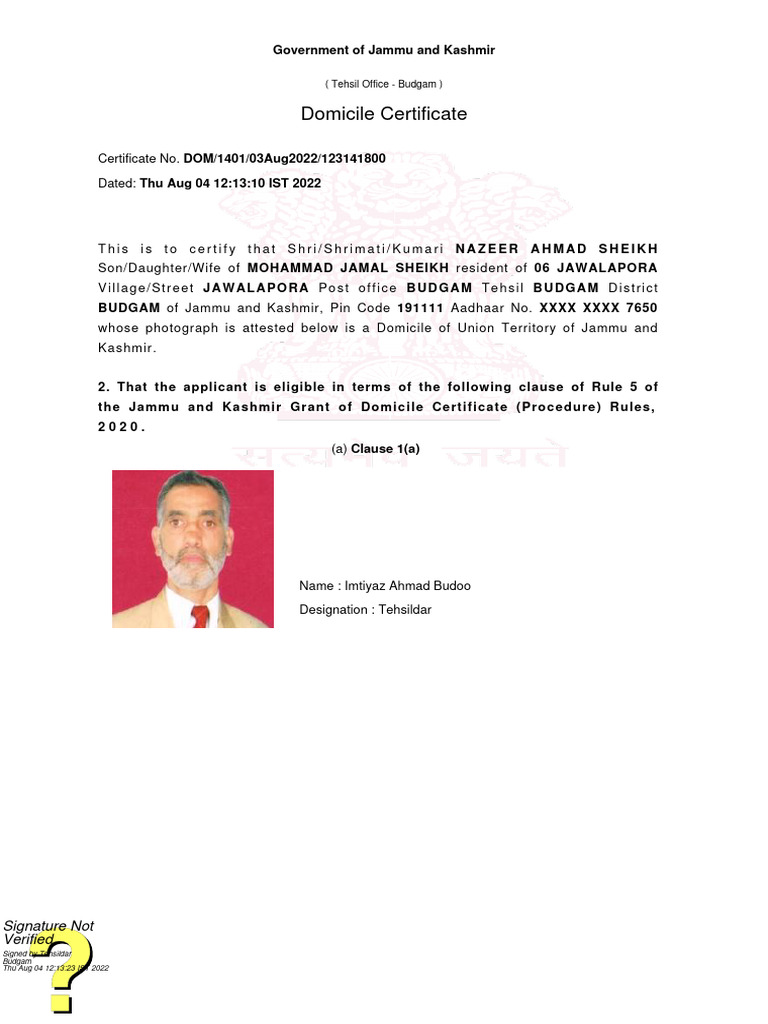 Domicile Nazeer Ahmad Sheikh | PDF Domicile Nazeer Ahmad Sheikh | PDF