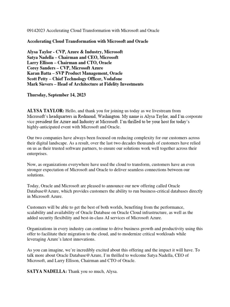 Accelerating Cloud Transformation With Microsoft and Oracle | PDF