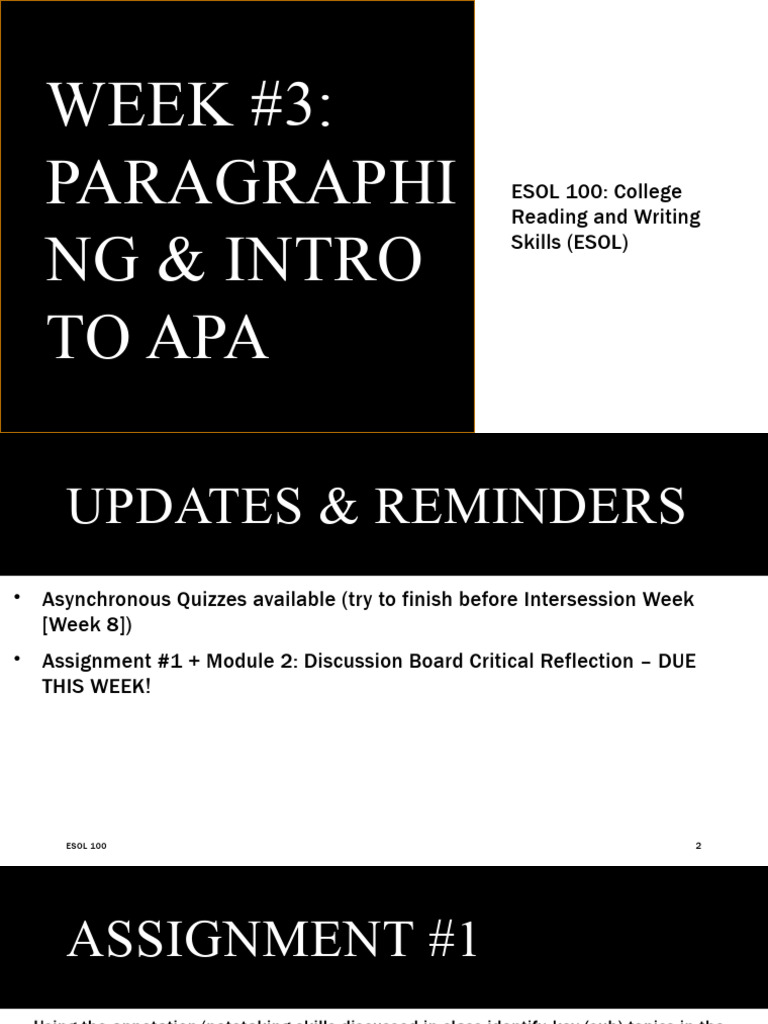 Week 3 Paragraphing - ESOL 100 - ASY | PDF | Citation | Paragraph