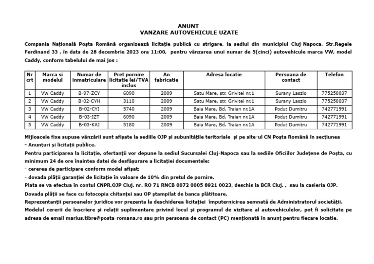 ANUNT Licitatie Auto Uzate 28 Decembrie 2023 | PDF