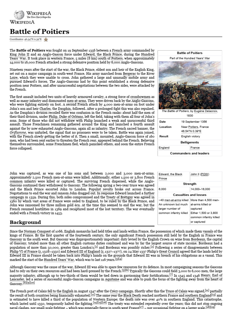 Battle of Poitiers, 1356: Key Facts | PDF | Kingdom Of England | Warfare