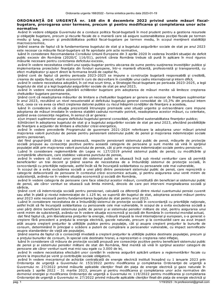 Ordonanta Urgenta 168 2022 Forma Sintetica Pentru Data 2023 01 19 | PDF