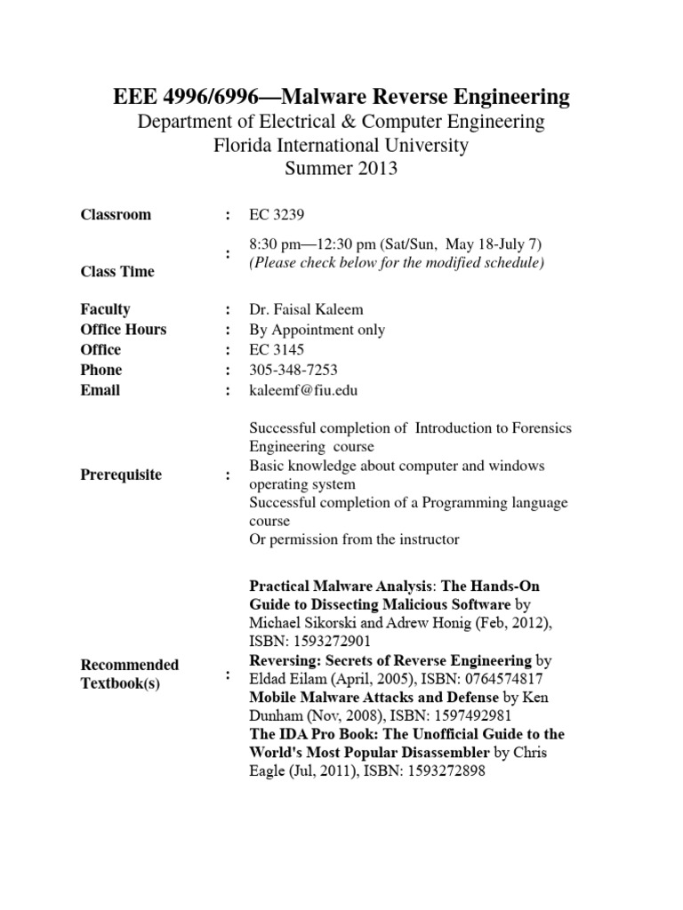 EEE 4996-Summer2013 Syllabus | PDF | Malware | Engineering