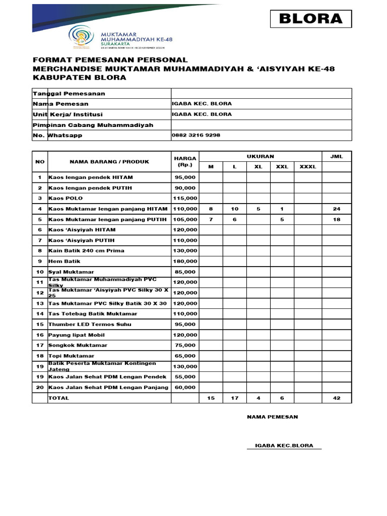 Form Pemesanan Kaos Kpps Sonorejo | PDF