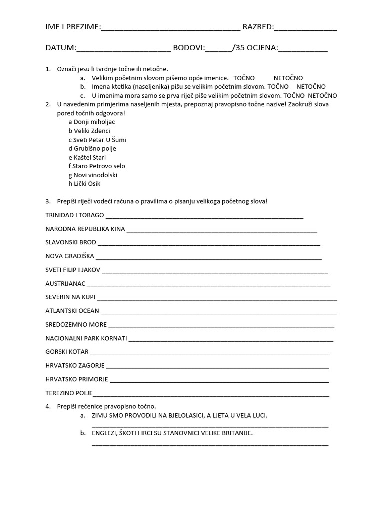 Veliko I Malo Početno Slovo, 5. Razred - Test | PDF