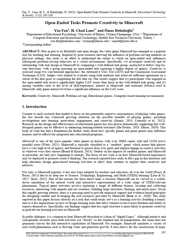 Open-Ended Tasks Promote Creativity in Minecraft | PDF