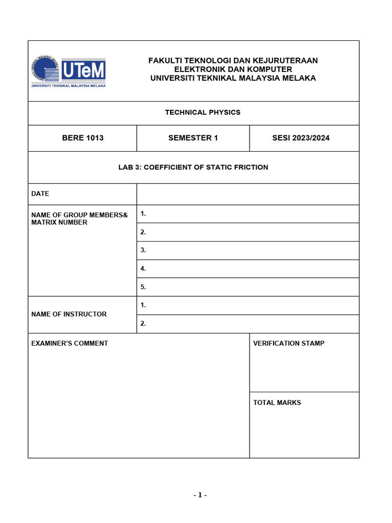 Coefficient of Static Friction Lab Report | PDF | Friction | Force