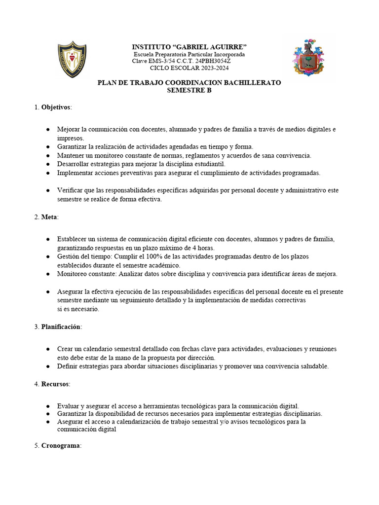 Plan Semestral de Tbjo Coordinacion Sol Enero 2024 | PDF