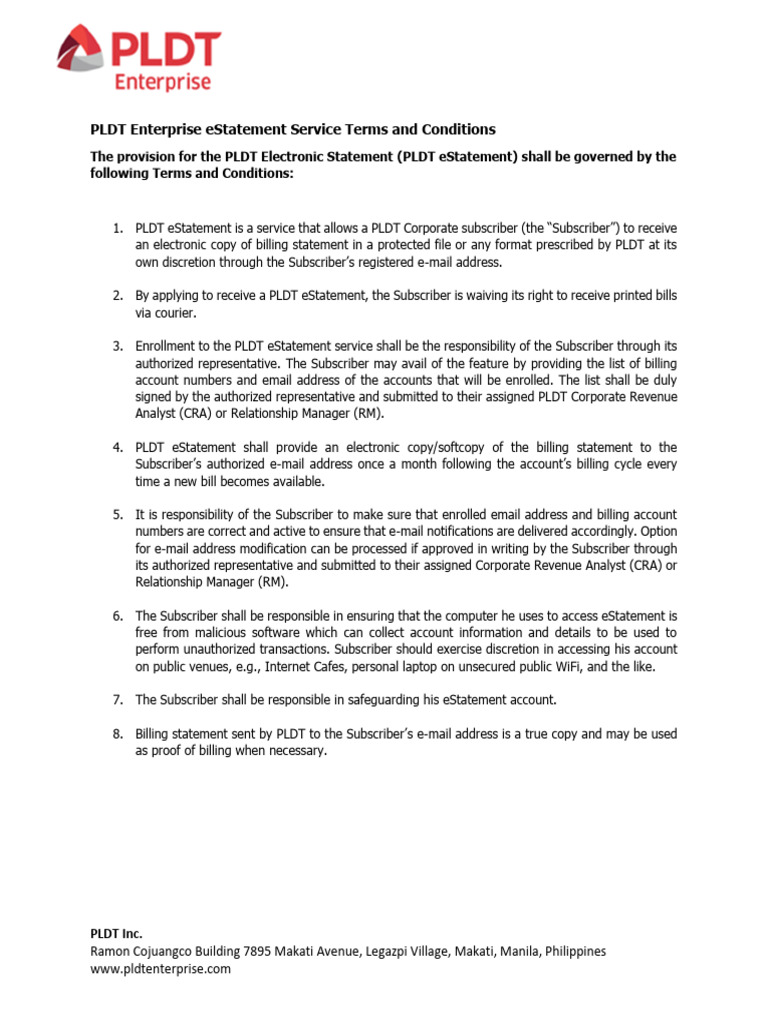 PLDT Enterprise eStatement Terms | PDF | Subscription Business Model ...
