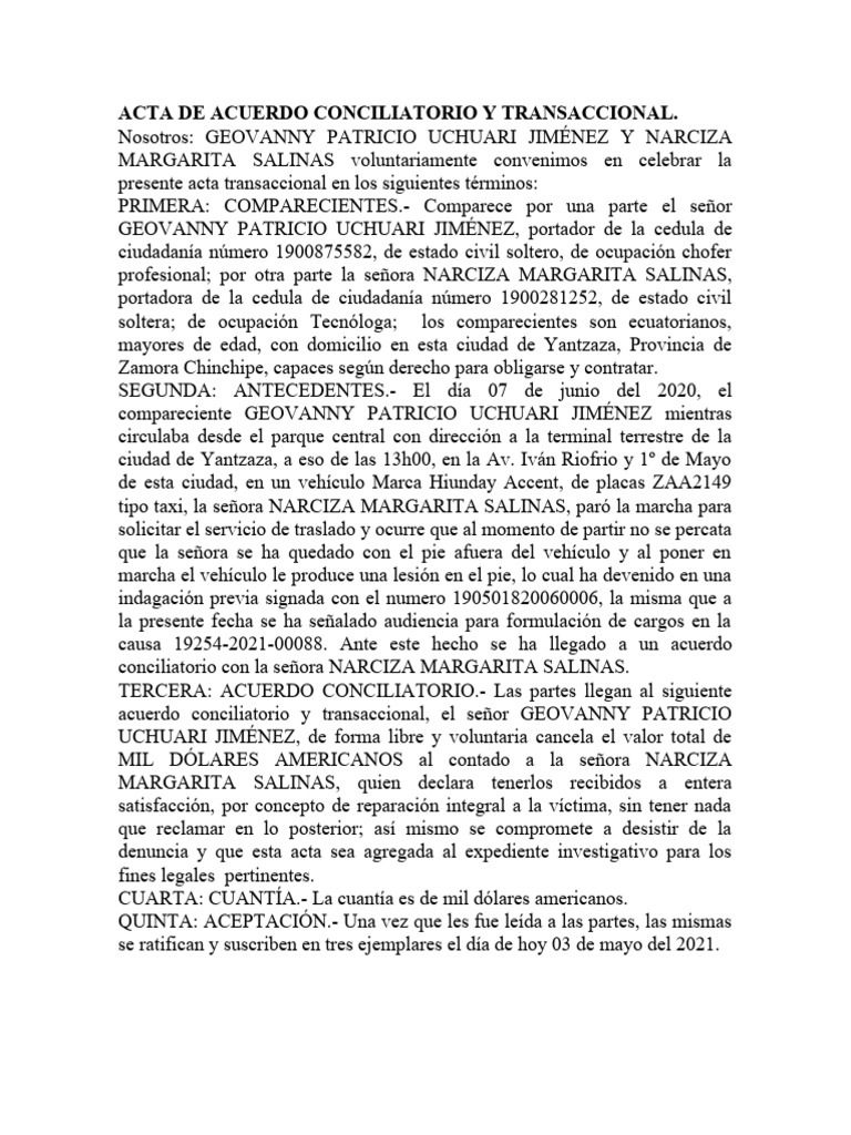 Acta de Acuerdo Conciliatorio y Transaccional | PDF