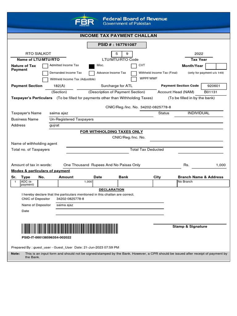 Income Tax Payment Challan Form | PDF