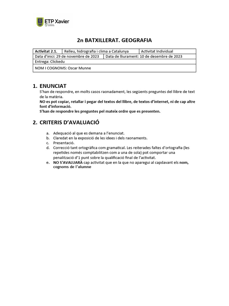 6314 20231129 Exercici Activitat 2.1.3 Relleu Clima I Vegetacio A Catalunya | PDF