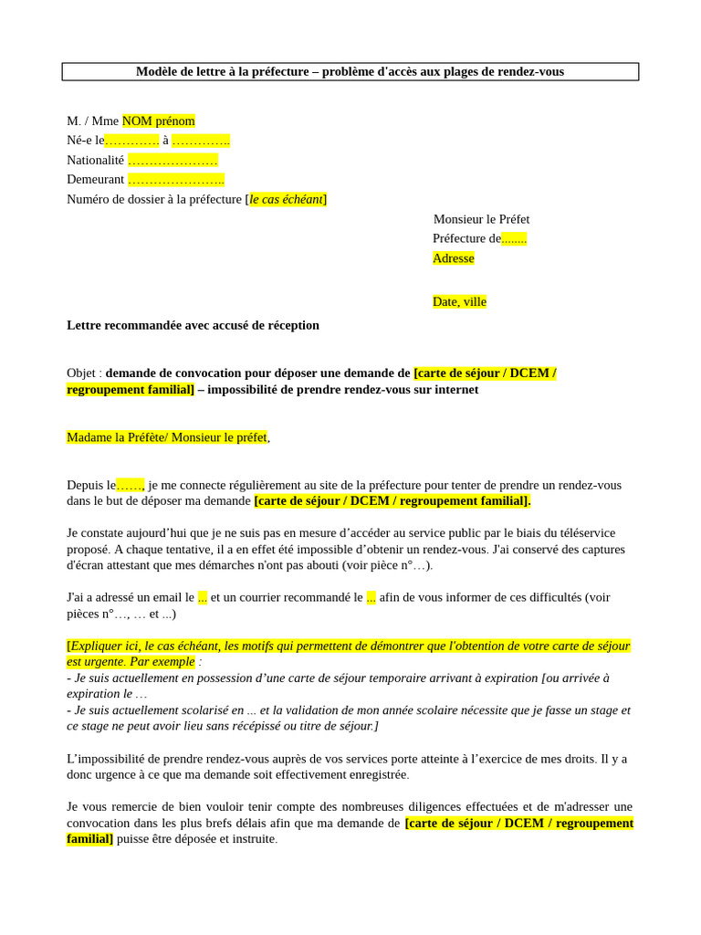 Demande de rendez-vous à la préfecture | PDF