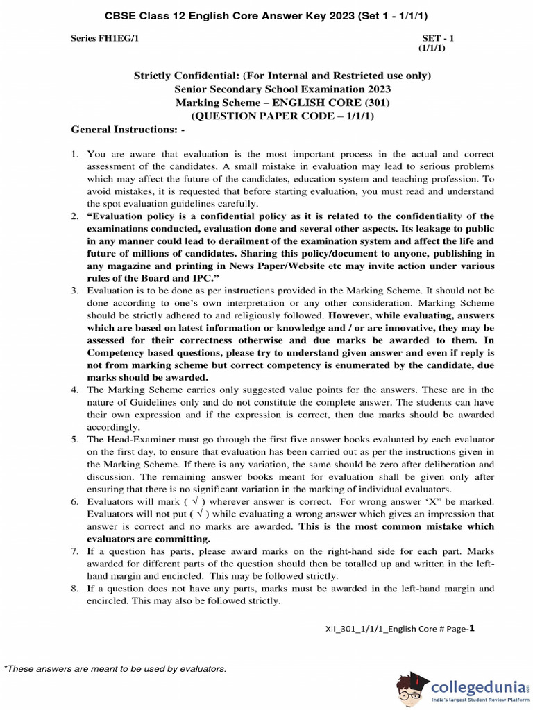 CBSE Class 12 English Core Answer Key 2023 Set 1 1 1 1 | PDF | Career ...