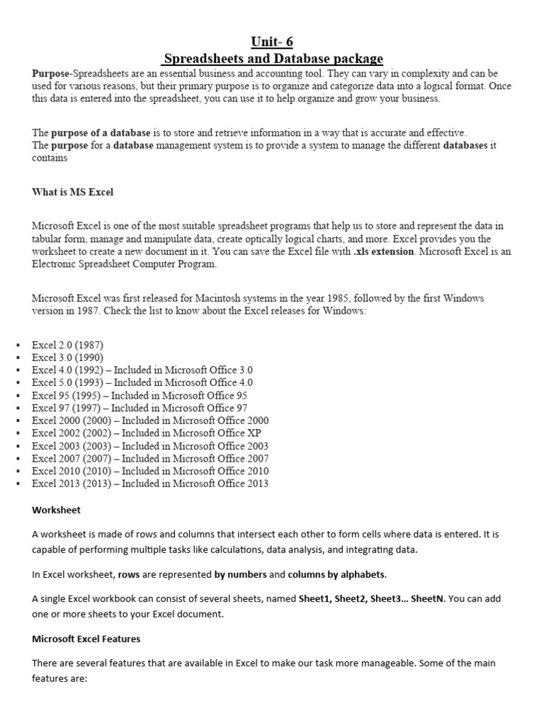 UNIT 6 Spreadsheets and Database packages | PDF | Microsoft Excel | Microsoft Access