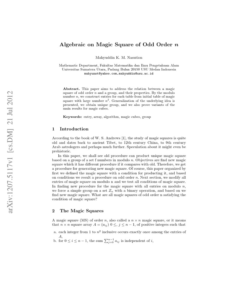 Algebraic On Magic Square of Odd Order N | PDF | Matrix (Mathematics ...