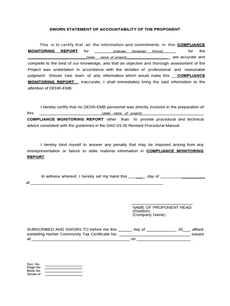 Pro Forma For CMR Sworn Statement of Accountability of Proponent | PDF ...