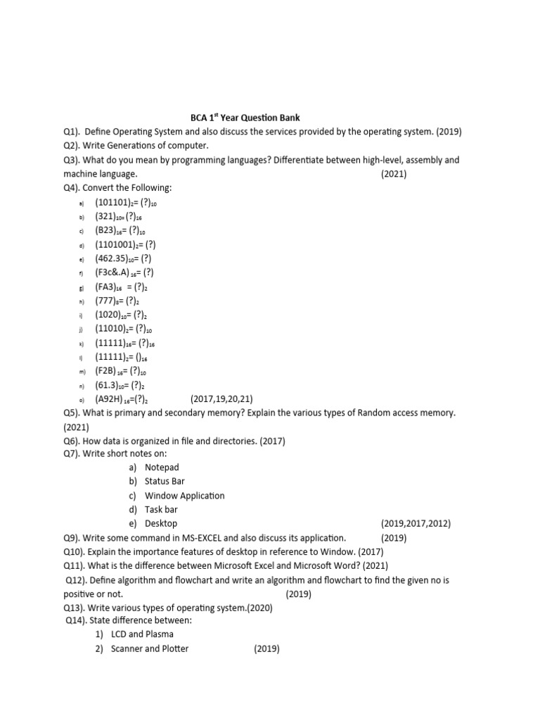 BCA 1 Year Question Bank | PDF | Microsoft Excel | Operating System