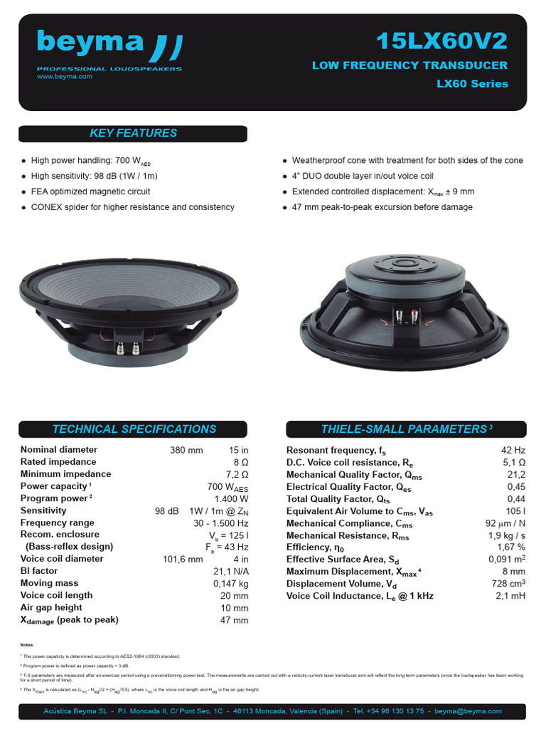 Beyma Speakers Data Sheet Low Mid Frequency 15LX60V2 | PDF ...