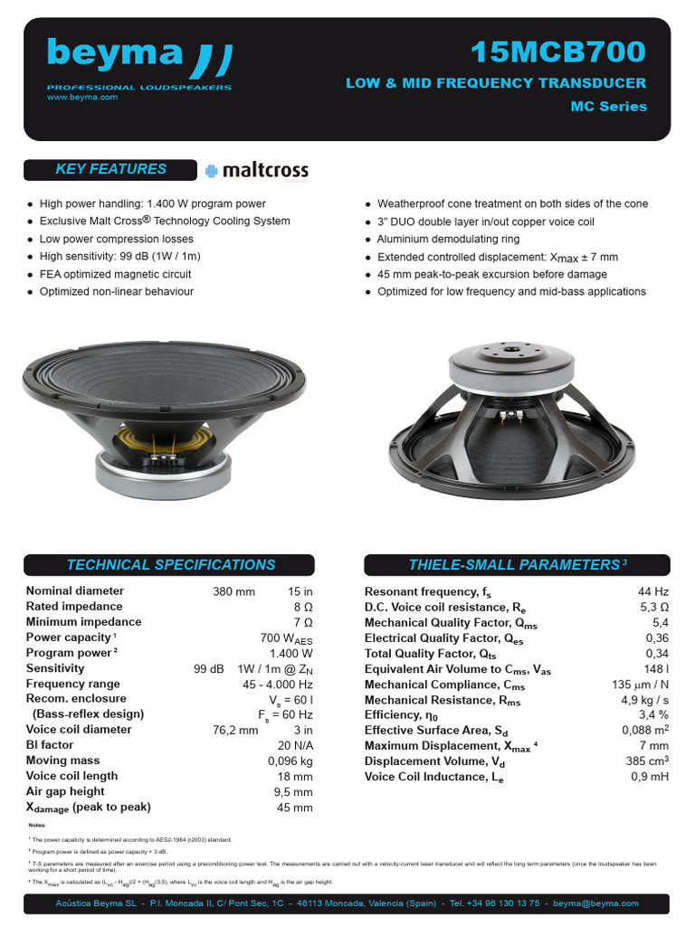 Beyma Speakers Data Sheet Low Mid Frequency 15MCB700 | PDF ...