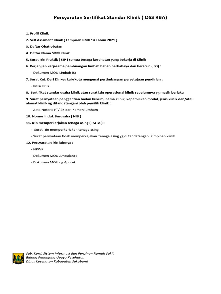 Persyaratan Sertifikat Standar Klinik (OSS RBA) | PDF