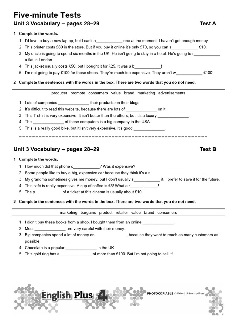 Five Minute Tests Unit 3 | PDF | Retail | Brand