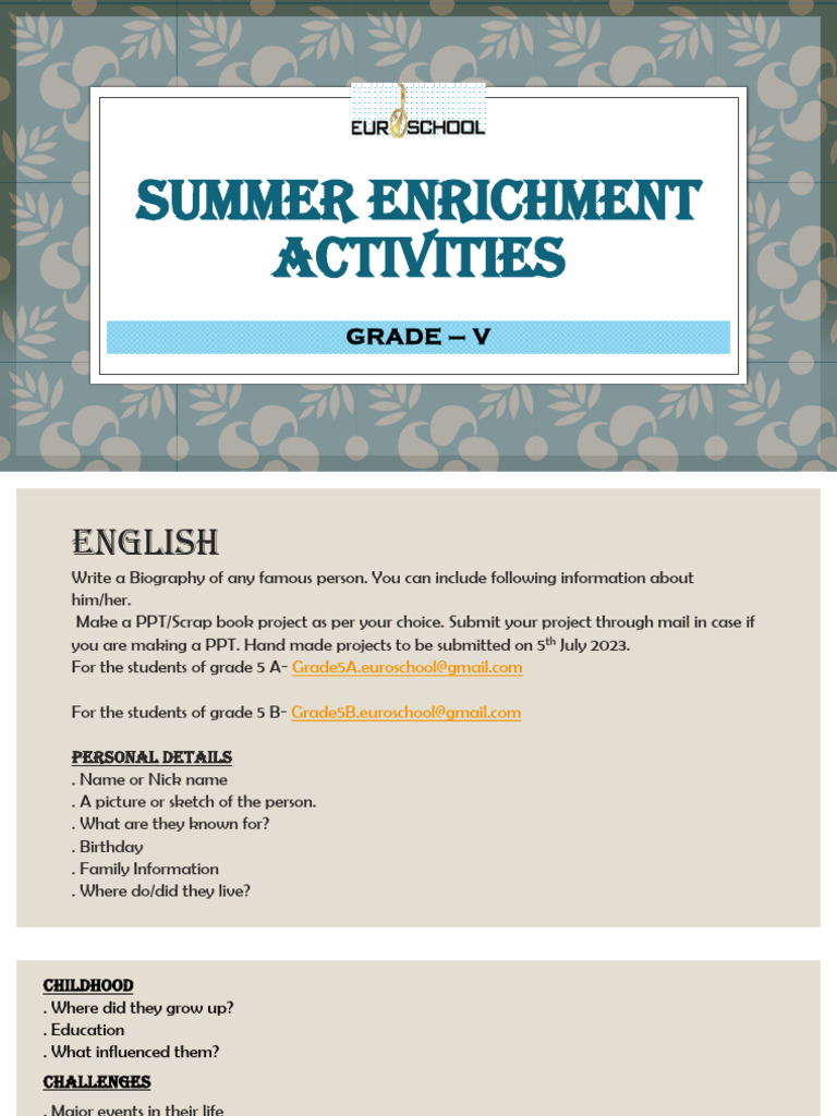 Grade 5 Summer Enrichment Activities | PDF