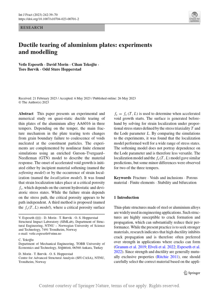Ductile Tearing of Aluminium Plates Experiments An | PDF | Ductility ...