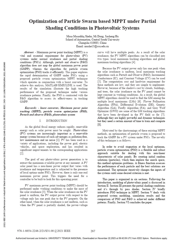 Optimization of Particle Swarm Based MPPT Under Partial Shading Conditions in Photovoltaic ...