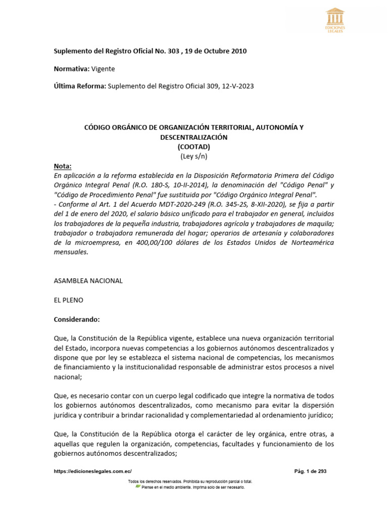 COTAD | PDF | Ecuador | Constitución