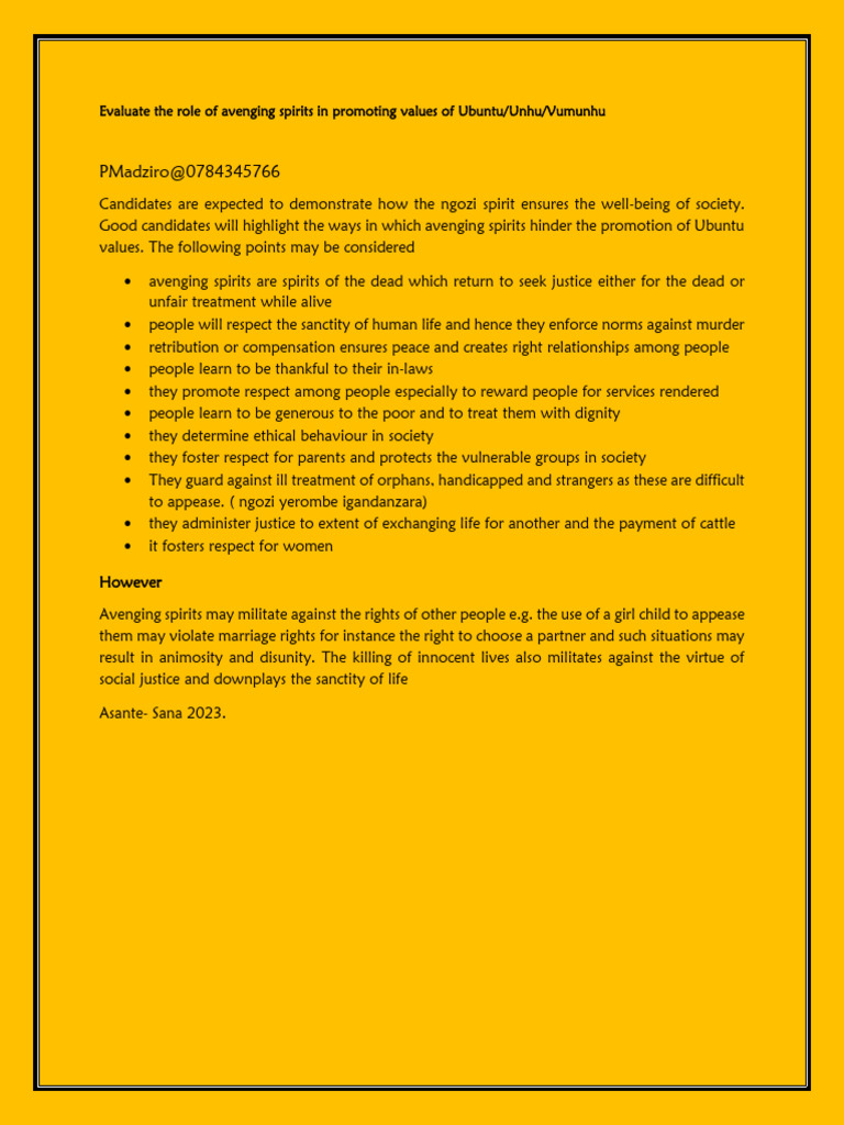 Evaluate The Role of Avenging Spirits in Promoting Values of Ubuntu | PDF