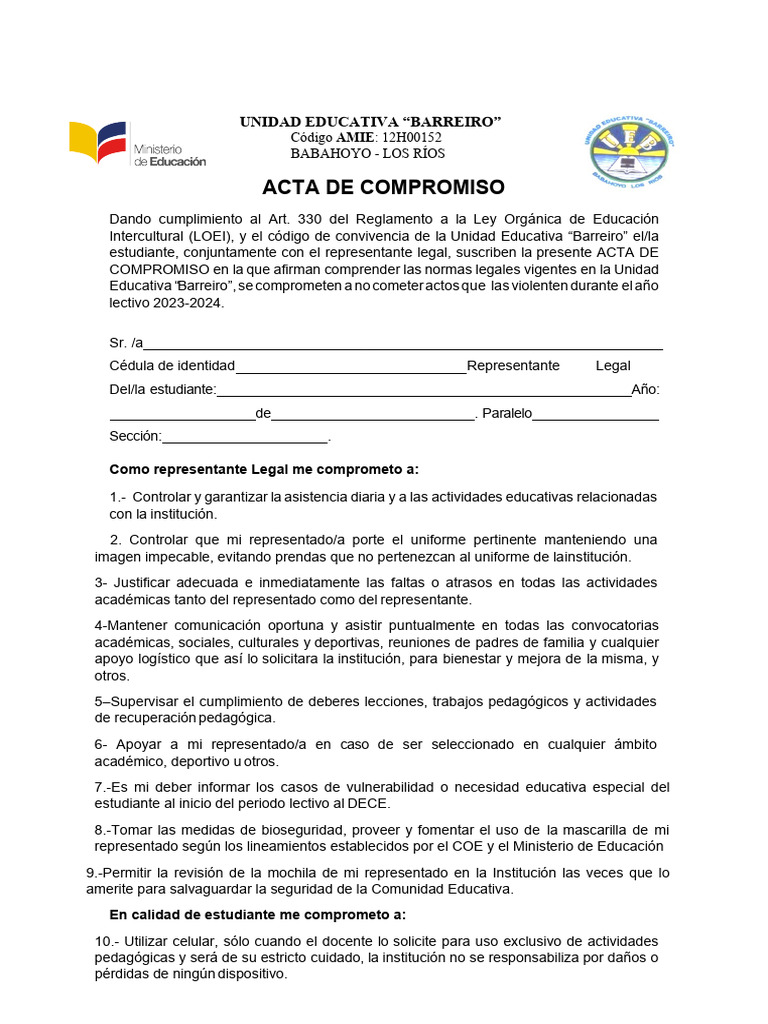 Acta de Compromiso Unidad Educativa Barreiro 2023 | PDF | Derecho