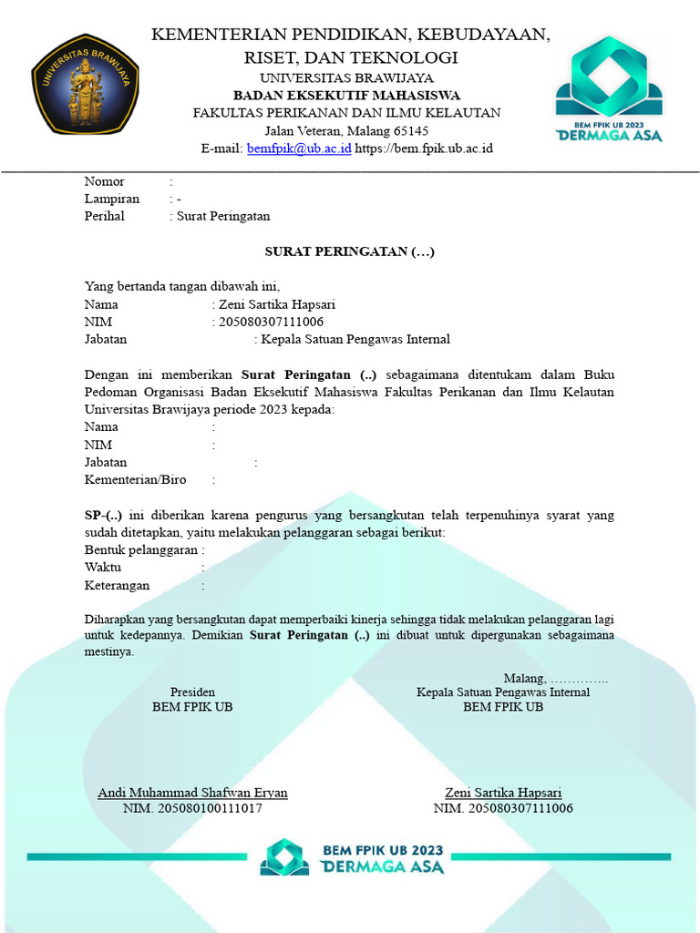 Surat Peringatan BEM FPIK UB | PDF